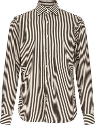 Borriello Homme, Chemises, Brun, Taille: XL Chemise en popeline de coton ray&eacute;e et cousue main