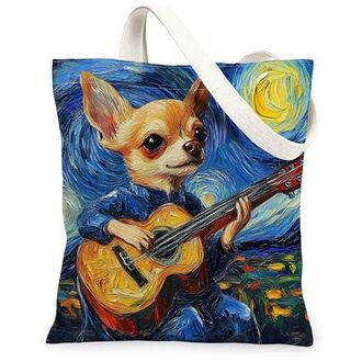 Generic Sac fourre-tout en toile pour chien Chihuahua 33 x 38 cm, motif guitare &eacute;toil&eacute;e, sac d&eacute;picerie r&eacute;utilisable, sac &agrave; bandouli&egrave;re pour femme, animal de c