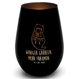 Mr. & Mrs. Panda Gold Windlicht Otter Muschel - Geschenk, Büro, Seeotter, Graviertes Windlicht, Otterliebe, Teelicht aus Glas, Motivation, Medaillon