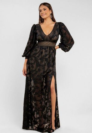 Goddiva Maxikleid Jacquard Lurex Burnout Front Split Maxi Dress langes Kleid