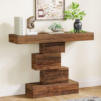 Tribesigns Tribesigns - Table console &eacute;troite en bois 108 cm - Base g&eacute;om&eacute;trique - Finition m&eacute;lamine imperm&eacute;able - Pour salon, couloir, entr&eacute;e - Marron rustique