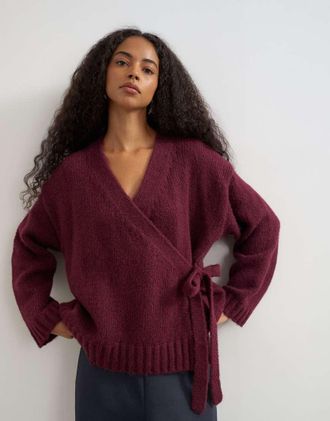 Topshop gestrickte Wickel-Cardigan in kastiger Form mit Wolle in Maulbeere-ROT