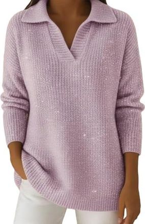 Generic Chandails scintillants pour femmes &agrave; paillettes rouges, chandails occasionnels &agrave; col ch&acirc;le, chandails chauds confortables &agrave; manches longues, coupe amp