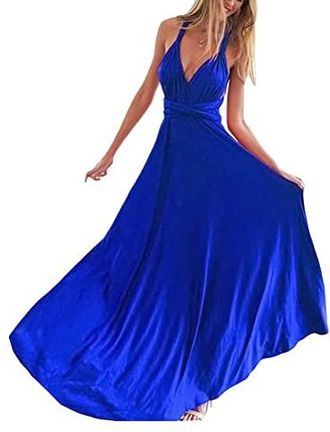 Onsoyours Femme Sexy V-Col Robe Elégante Soirée sans Dos Cocktail Robes Multi-Style Demoiselle dhonneur Mariage Fête Longue Bandage Noces Long Dress Saphir Bleu