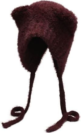 ZLYC Bonnet en Crochet pour Femme avec Oreilles de Chat - Bonnet Mignon Vintage Grunge Pelucheux, Oreilles dours Bordeaux, Taille Unique
