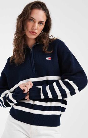 Tommy Jeans Gestreiftes Sweatshirt in Marineblau mit kurzem Rei&szlig;verschluss-Navy