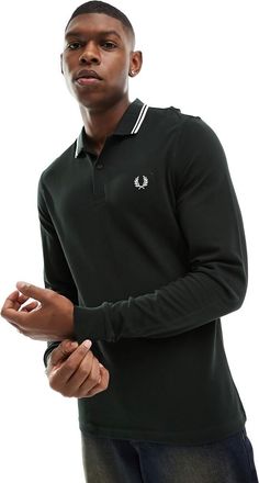 Fred Perry Lang&auml;rmliges Poloshirt in Nachtgr&uuml;n mit doppeltem Zierstreifen