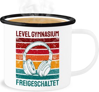 Shirtracer Emaille Becher Blechbecher - Grundschule Abgänger - Tassen - Level Gymnasium freigeschaltet | Gymnasium Einschulung Geschenk - 300 ml - Weiß Schwarz -