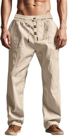 Generic Pantalon de jogging pour homme l&eacute;ger : pantalon en lin avec taille &eacute;lastique pantalon d&eacute;t&eacute; avec bouton vers le bas pantalon &agrave; enfiler jambe droite pan
