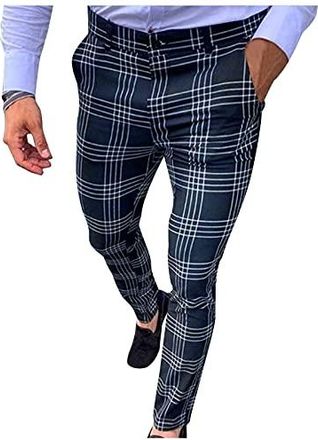 Generic Pantalon de costume &agrave; carreaux pour homme - Pantalon de surv&ecirc;tement long et respirant - Pantalon de loisirs - Jambe droite - Pantalon de jogging ample