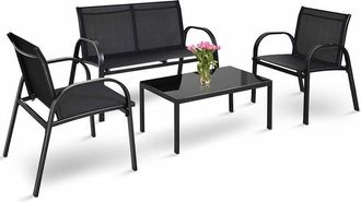 Costway Salon de Jardin 4 Places 4 Pi&egrave;ces en Textil&egrave;ne avec 2 Chaises 1 Banc et 1 Table Basse Vitr&eacute;e Cadre en M&eacute;tal pour Baclon/Terrasse/Patio, Noir - Costway