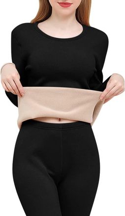 Minetom Damen Innenfleece Thermounterw&auml;sche Set Winter Warm Thermooberteil Thermohose Leggings Funktionsunterw&auml;sche 2 Teilig A Schwarz XL