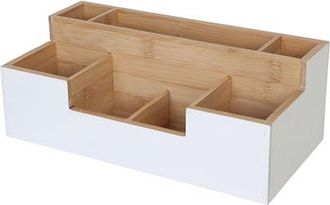 Relaxdays Schreibtisch Organizer, 7 Fächer, HxBxT: 11 x 30 x 15 cm, Bambus, Büraufbewahrung, Schreibtischbox, weiß/Natur