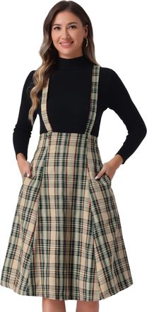 Allegra K Damen Midi Latzrock Karierter Hosentr&auml;gerrock Tartan Midirock Rock Khaki L