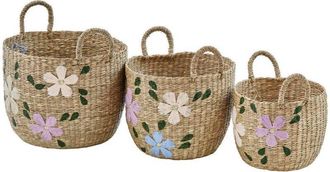 Atmosphera 3er-Set Aufbewahrungsk&ouml;rbe Sauv aus Schilfrohr mit Blumenstickerei - Atmosphera cr&eacute;ateur dint&eacute;rieur