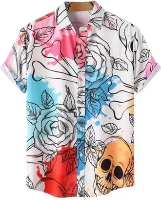Generic 2026 Halloween Chemise à manches courtes pour homme Cardigan Top Doux Confortable Multicolore Imprimé floral festif Style décontracté, multicolore, XX