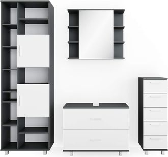 Vicco Badmöbel-Set Weiß/Anthrazit Ilias, bestehend aus Badspiegelschrank, Waschbeckenunterschrank, Midischrank, Hochschrank - mit Fächern für Flexible Aufbe