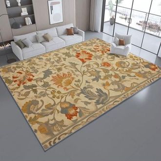 Generic Tapis Salon 140 x 200 cm, Design Exquis William Morris Fleurs, Beige Tapis Antidérapant à Poils Courts Ne Perde Pas de Peluches, Facile à Entretenir p