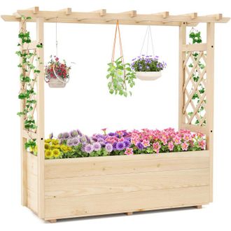 Costway Jardini&egrave;re Sur&eacute;lev&eacute;e en Bois Massif avec Treillis, Toit Suspendu, Drainage, pour Plantes Grimpantes, Fleurs, L&eacute;gumes, 115 x 40 x 103 cm