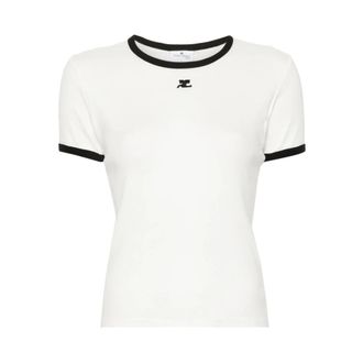 Courr&egrave;ges Logo Baumwoll T-shirt mit Kontrastierendem Besatz - - Tops - Damen - Wei&szlig; - M