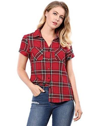 Allegra K Chemise boutonnée à Carreaux décontractée pour Femme Rouge S