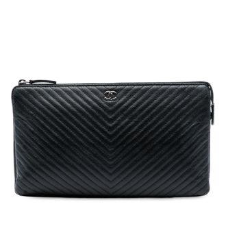 Chanel Black Chevron Caviar Zip Clutch