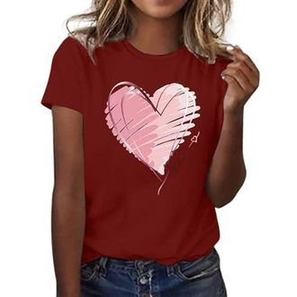 Generic T-shirt d&eacute;contract&eacute; &agrave; manches courtes et col rond pour femme - Cadeau de Saint-Valentin 2026, bordeaux, XXL