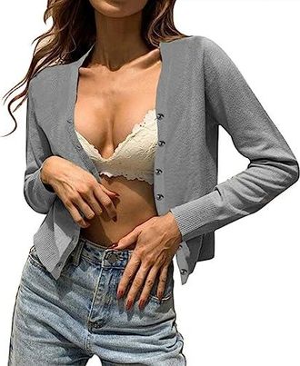 Generic Cardigan fin pour femme - Cardigan boutonn&eacute; basique &agrave; col en V - V&ecirc;tement dext&eacute;rieur confortable &agrave; manches longues - Cardigan de printemps l&eacute;ger - Cou