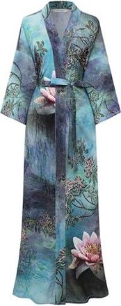 Babeyond Peignoir kimono long pour femme - En chiffon l&eacute;ger satin&eacute; - Manches mi-longues - Coupe ample - Peignoir de bain, Turquoise., taille unique