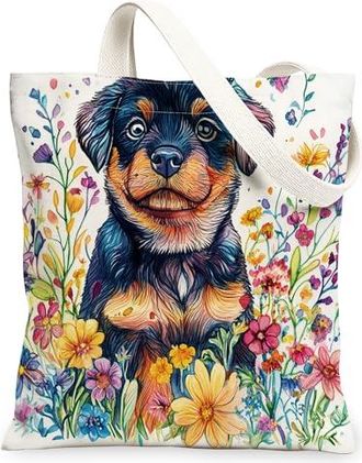 Generic Spring Rottweilers Sac fourre-tout en toile r&eacute;utilisable pour faire du shopping, 33 x 38,1 cm, motif aquarelle et chiot avec motif imprim&eacute; floral sauv