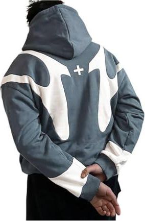 ORANDESIGNE Homme Imprimé Full Zip Up Sweat à Capuche Vintage Hip HopVeste à Capuche Y2K Harajuku Unisex Oversize Streetwear Sweatshirt A Bleu Foncé L