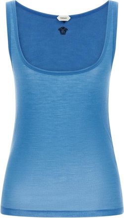 Versace Femme, Tops, Bleu, Taille: 40 FR D&eacute;bardeur en laine c&ocirc;tel&eacute;e brod&eacute;e