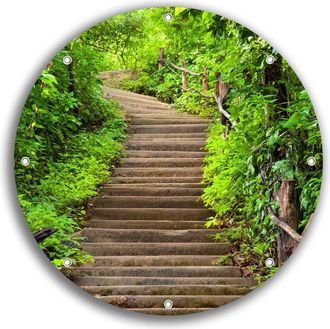 Wallario rundes Outdoor-Poster für Garten oder Balkon Steintreppe im Wald, Motivbanner 30 cm Durchmesser