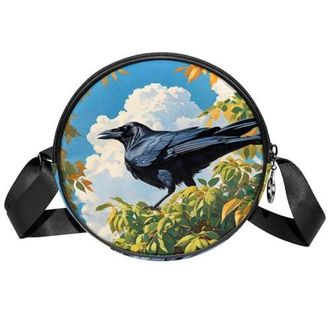 Generic Sac &agrave; bandouli&egrave;re rond pour femme, petit sac &agrave; bandouli&egrave;re avec fermeture &eacute;clair, bretelles r&eacute;glables, style d&eacute;contract&eacute;, motif corbeau