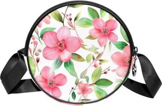 Generic Petit sac &agrave; bandouli&egrave;re circulaire pour femme, motif feuilles florales, sac &agrave; dos avec fermeture &eacute;clair, bretelles r&eacute;glables, sac &agrave; main rond d&eacute;contra
