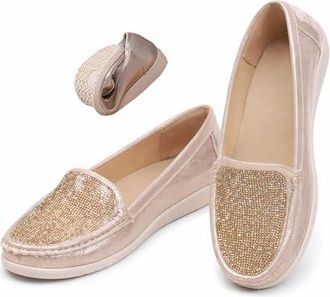 Generic Mocassins confortables et souples pour femme, avec strass, orthop&eacute;diques scintillants, chaussures larges et habill&eacute;es &agrave; talon bas, dor&eacute;, 40.5 EU