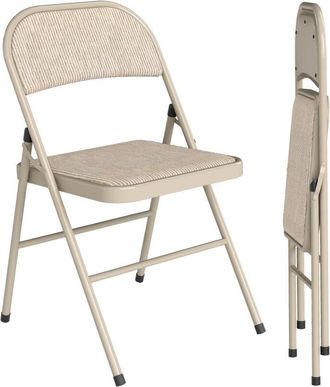 HOMCOM Lot de 2 chaises pliantes HOMCOM chaises de salle &agrave; manger portables avec coussin en lin et cadre en acier beige
