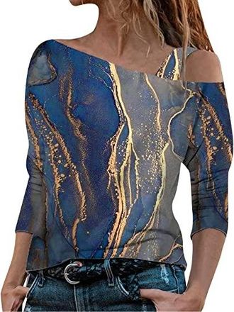 Generic Vestes pour femmes 2026 T-shirt &agrave; manches longues avec &eacute;paules ouvertes marbr&eacute;es, bleu ciel, XL