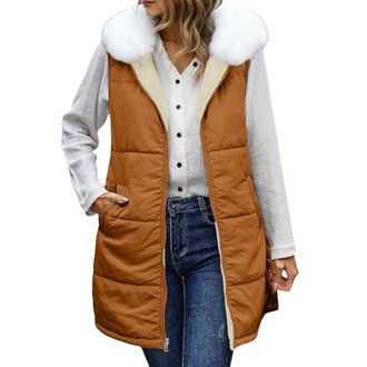Generic Gilet long &agrave; capuche pour femme - Automne - Hiver - Gilet matelass&eacute; sans manches - Doudoune doubl&eacute;e - Gilet polaire chaud - Gilet long &agrave; capuche - Gil