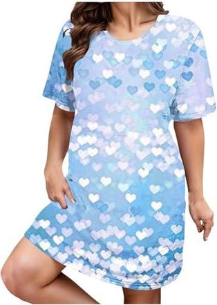 Generic Robe de nuit pour femme - Imprimé coeur - Manches courtes - Col rond - Extensible - Taille moyenne - Chemise de nuit ample en coton pour femme, bleu, 