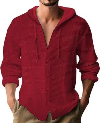 Generic T-shirt &agrave; manches longues pour homme - Chemise de loisirs boutonn&eacute;e - Chemise &agrave; capuche Jacquard - Chemise &agrave; manches longues - Doux et l&eacute;ger - Cordon 