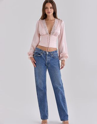 House of CB Luciana rosa Oberteil aus echter Seide mit langen &Auml;rmeln und Spitzenbesatz in Rosa