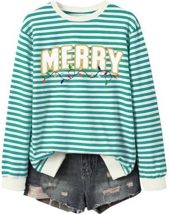 Generic Sweatshirts pour femmes, grande taille, sweatshirts de Noël à paillettes avec écusson Merry Christmas imprimé lettres imprimées pull brodé rayé pull t