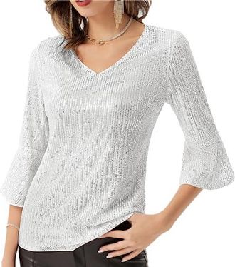 Grace Karin Femmes Haut &agrave; Paillettes Col V Manches 3/4 &Eacute;vas&eacute;es Dos Ouvert Longueur Hanches Soir&eacute;e