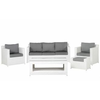 Beliani Lounge 6er Set Wei&szlig; Rattanoptik Grauen Bez&uuml;ge Mit Sitzkissen Dekorativ Elegant Modern