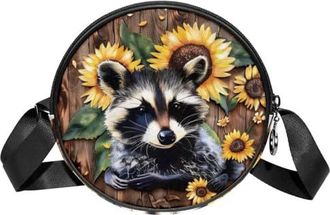 Generic Petit sac &agrave; bandouli&egrave;re circulaire pour femme, motif tournesol raton laveur avec fermeture &eacute;clair, bretelles r&eacute;glables, sac &agrave; main rond d&eacute;contract&eacute; po