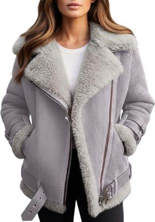 Minetom Blouson Aviateur Femme Hiver Veste En Polaire Chaude Manteau en Fausse Fourrure Blouson pour Motard A Gris XL