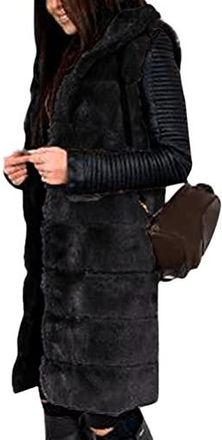 Onsoyours Femme Gilet Veste à Capuche en Fausse Fourrure Gilet Long Manteau sans Manches Femmes Hiver Chaud Vestes C Noir 3XL
