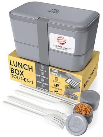 Umami Bento Lunch Box, Couverts & 2 Pots &agrave; Sauce Inclus, Bo&icirc;te Repas Encastrable, Lunchbox Micro-Ondable, Bo&icirc;te &agrave; Lunch Adulte Compartiment&eacute;e, Bento Box, Ve