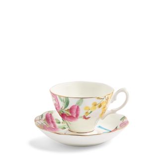 Royal Albert Miranda Royal Albert Kerr Teetasse und Untertasse aus feinem Knochenporzellan, Australiana-Blumenmuster, goldfarbener Rand, Weiß